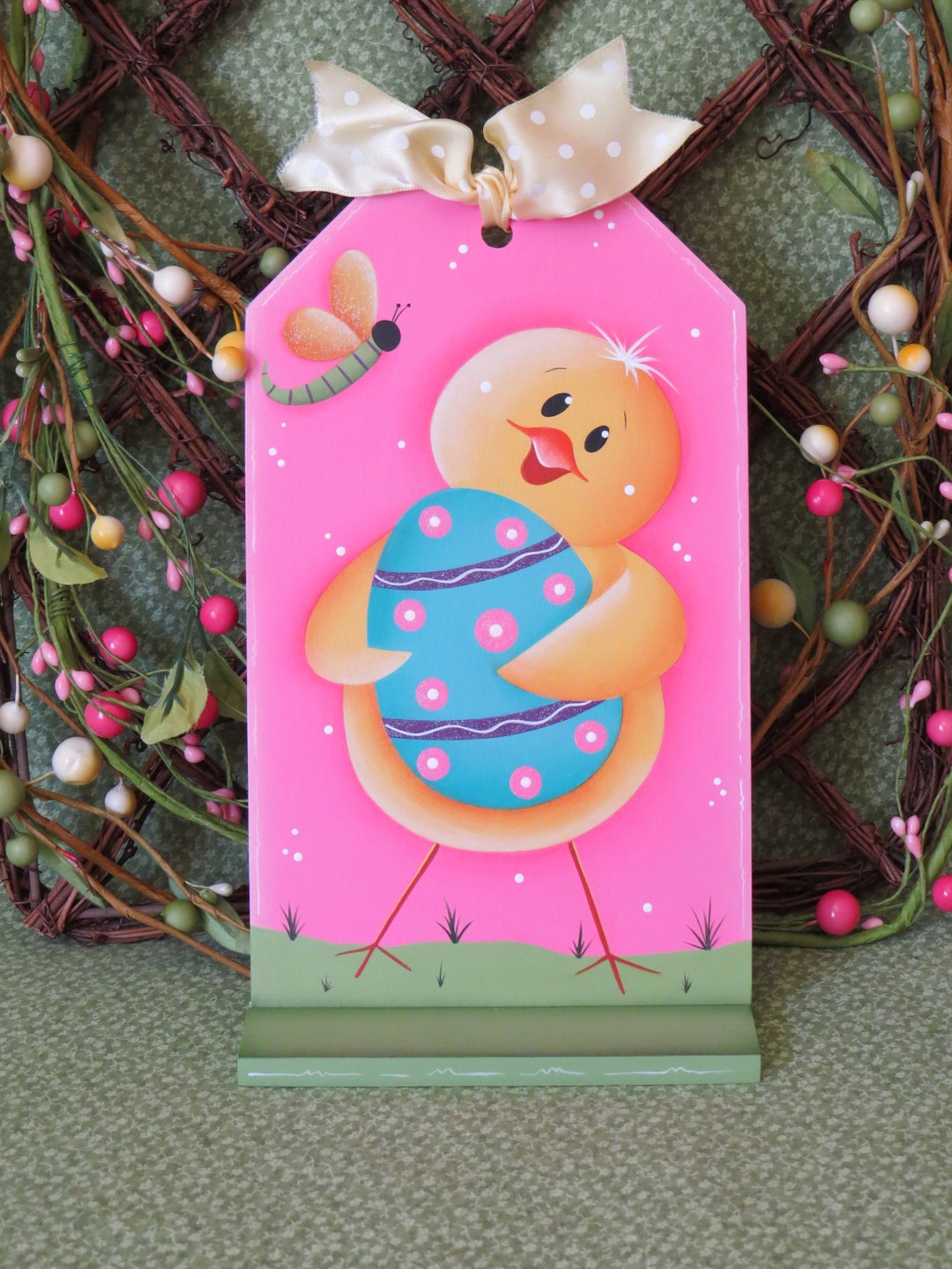 Spring Chick With Easter Egg, Shelf Sitter, Large Tag, Handpainted Wood ...