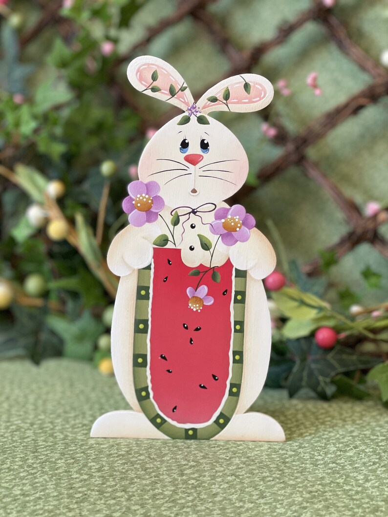 Spring Bunny With Watermelon Shelf Sitter, Easter Bunny, Handpainted ...