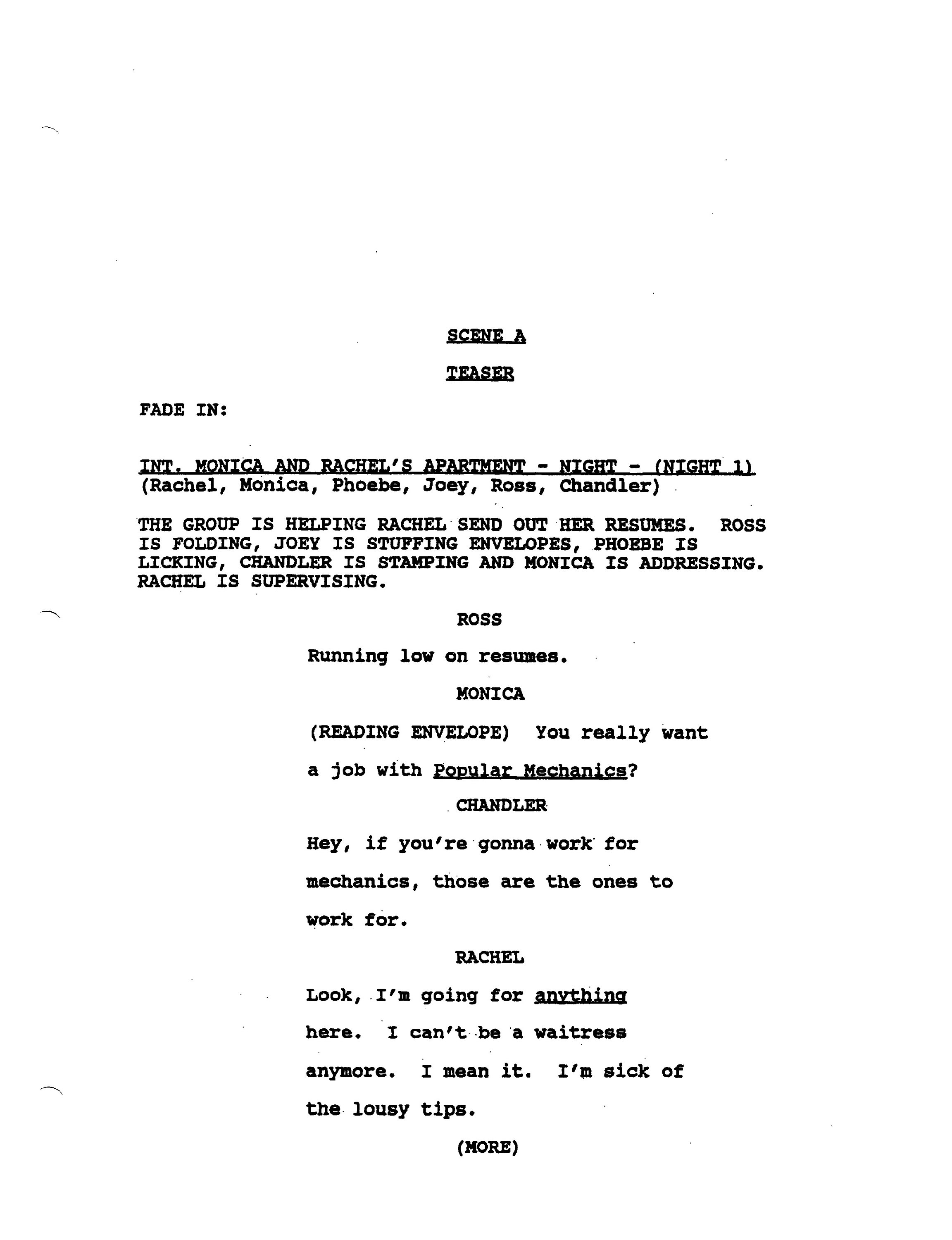 FRIENDS TV Series Script, Season 1, Jennifer Aniston, Lisa Kudrow, Matt ...