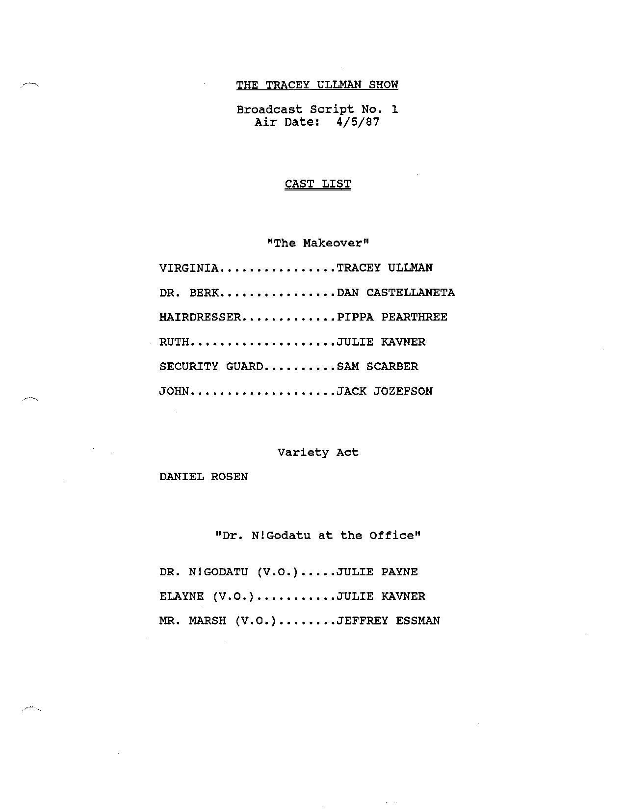 TRACEY ULLMAN SHOW, Tv Series Script, Dan Castellaneta, Julie Kavner ...