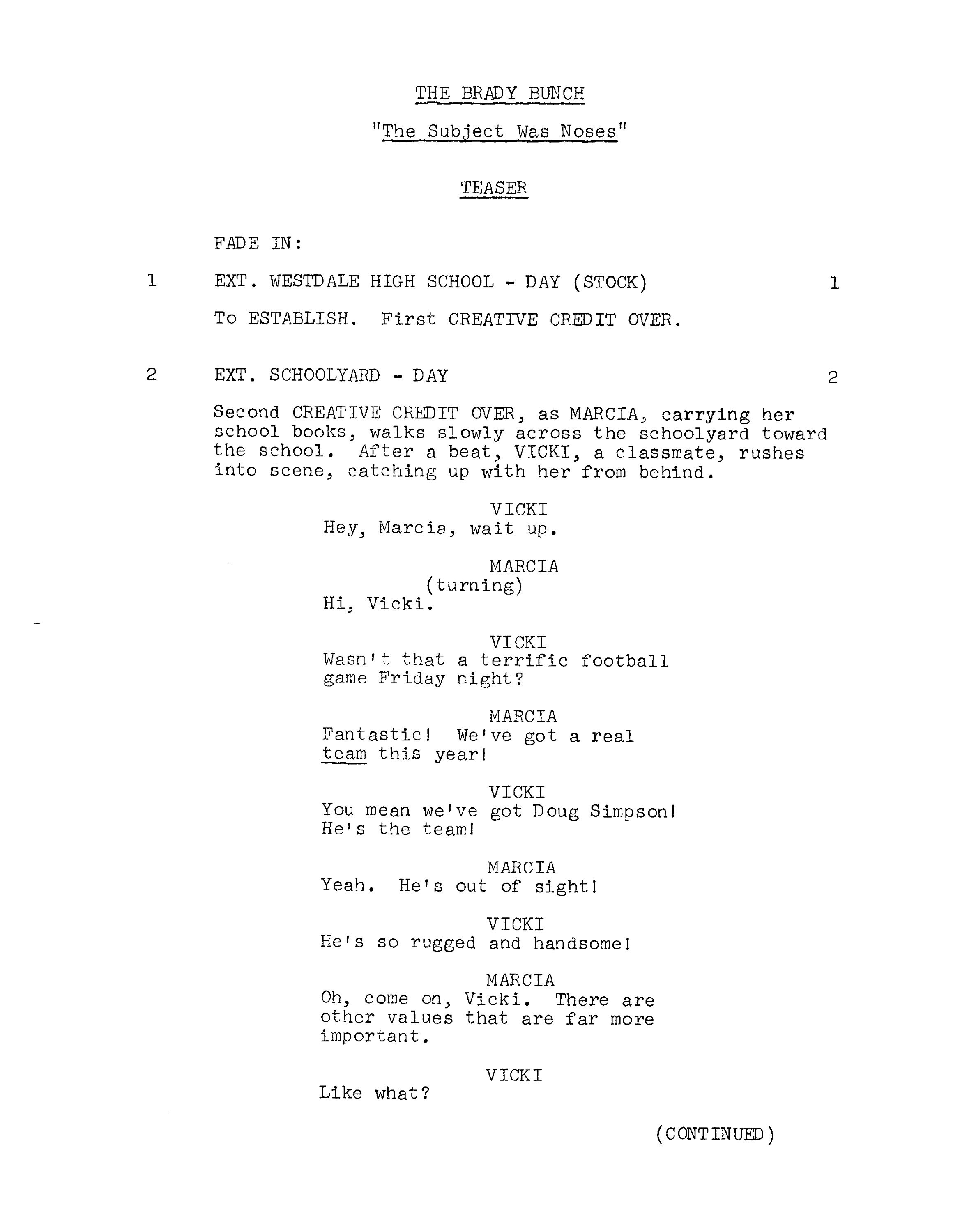 BRADY BUNCH TV Series Script, Iconic Marsha Football Nose Episode, Most ...