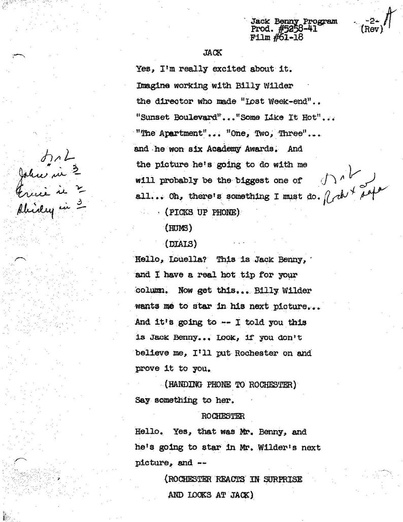JACK BENNY Program TV Series Script, Director Billy Wilder, 1961 Comedy ...