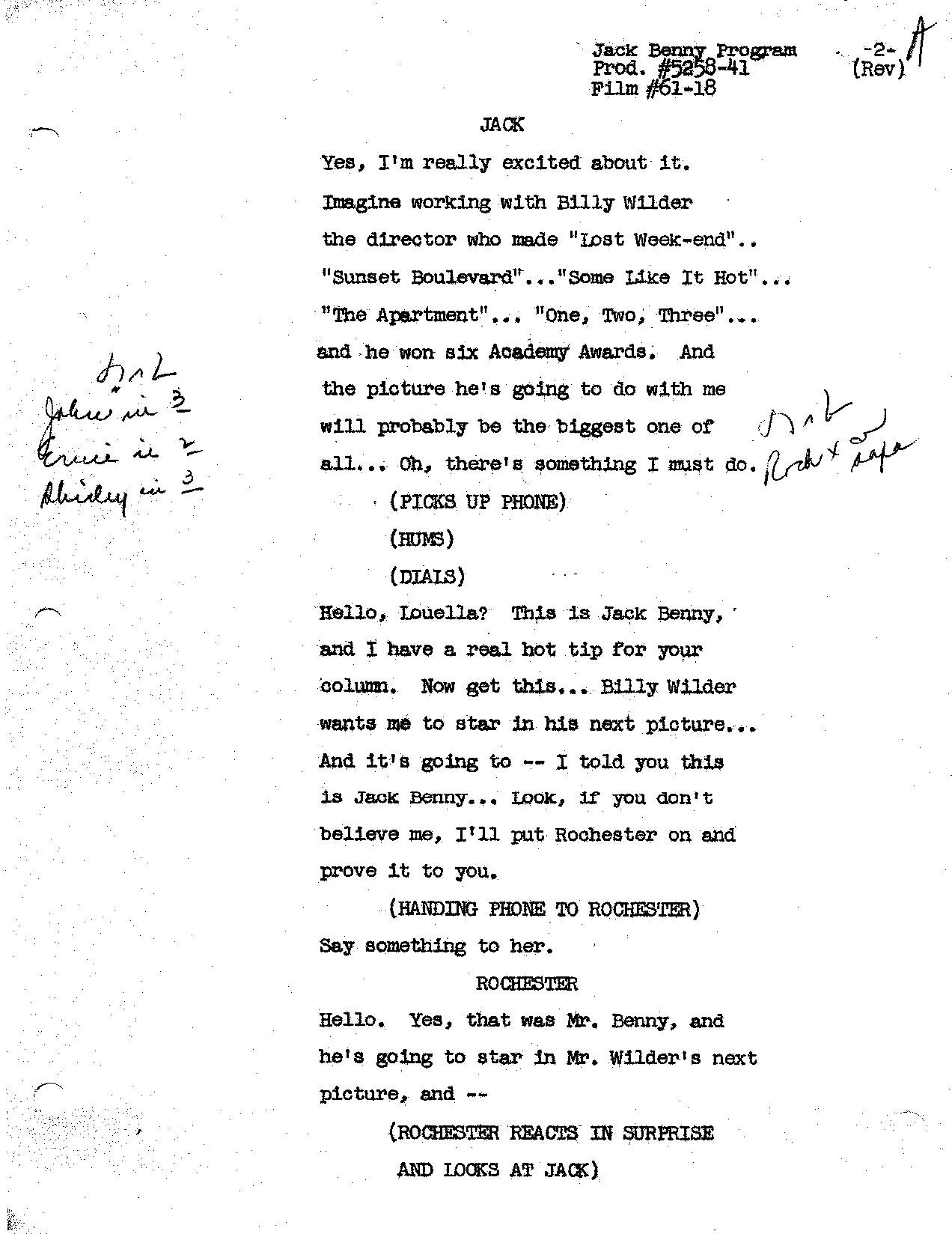 JACK BENNY Program TV Series Script, Director Billy Wilder, 1961 Comedy ...