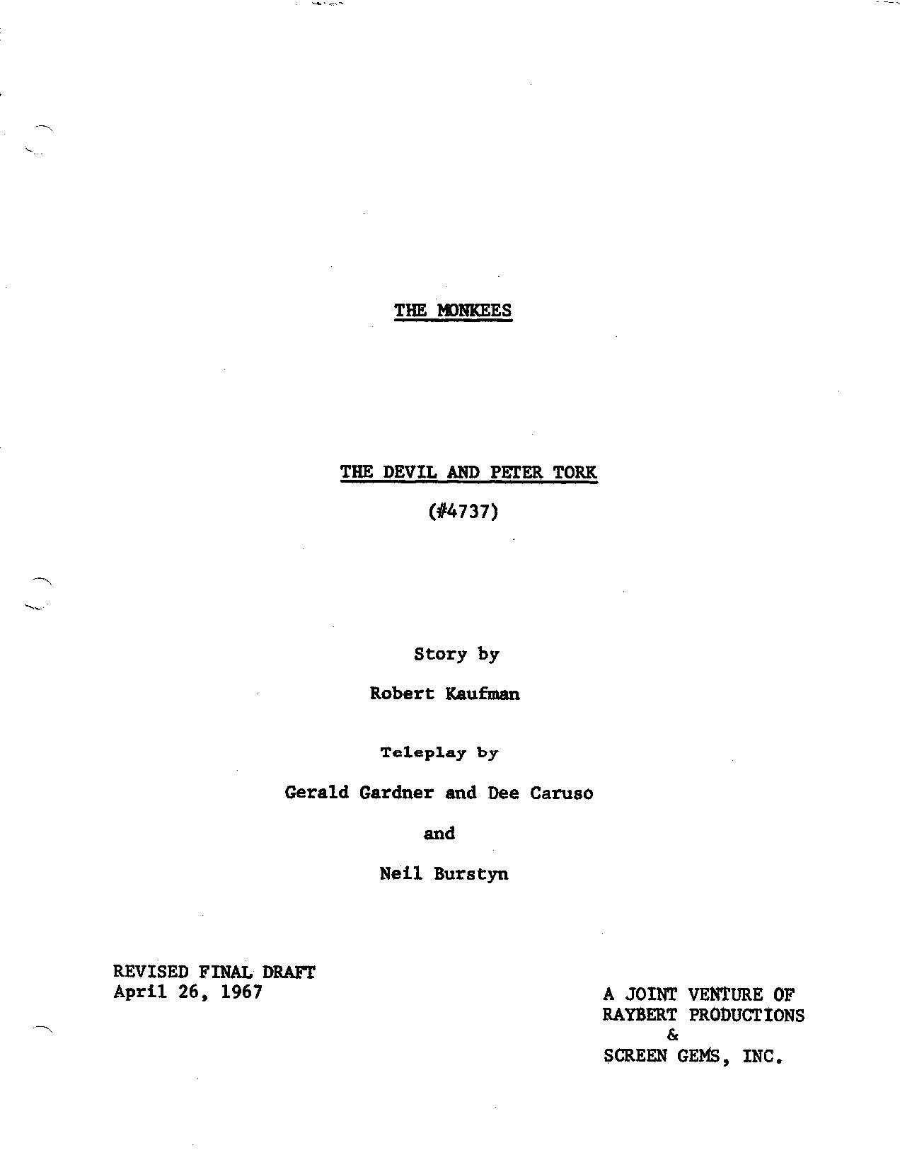 THE MONKEES TV Series Script, the Devil and Peter Tork Favorite Episode ...