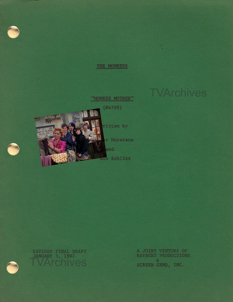 THE MONKEES TV Series Script "monkee Mother", Davy Jones, Peter Tork ...