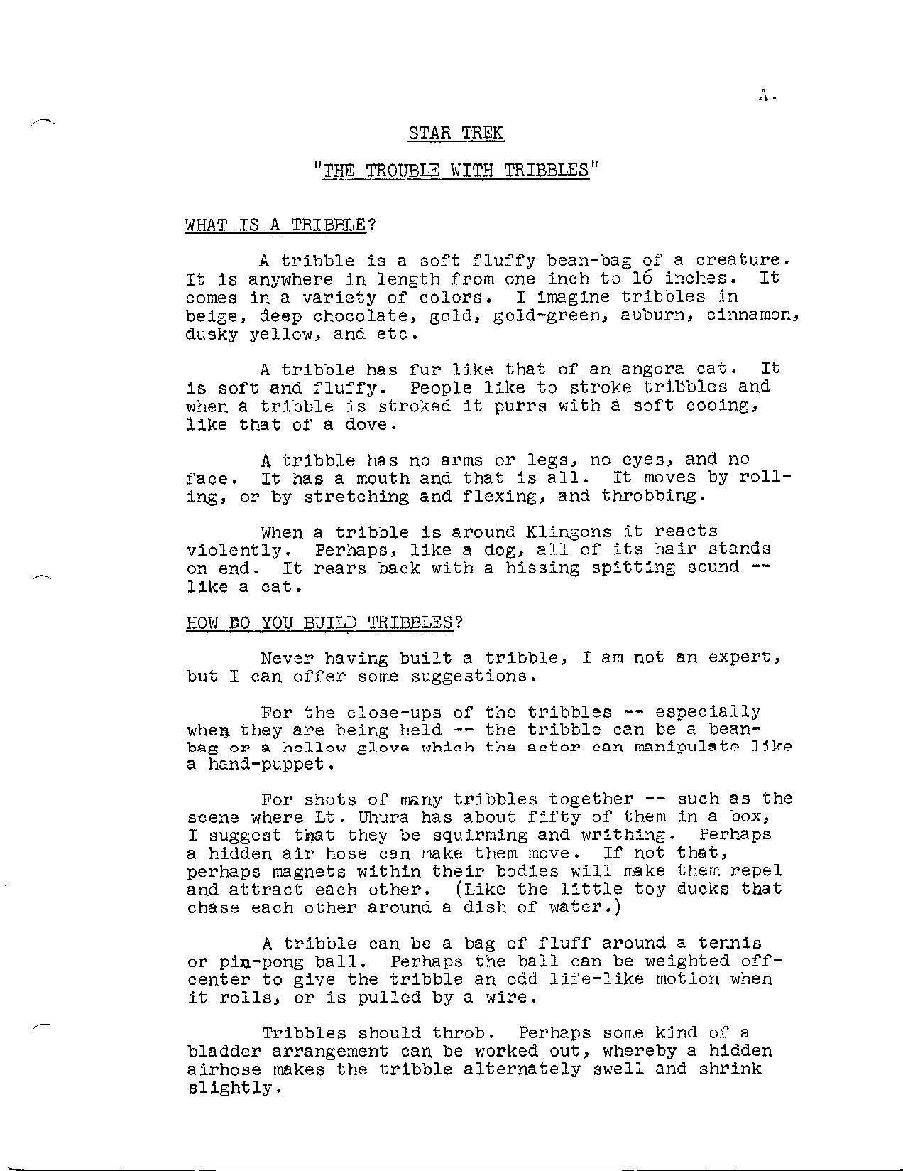 STAR TREK TV Series Script, Trouble With Tribbles Episode, Reprint of ...