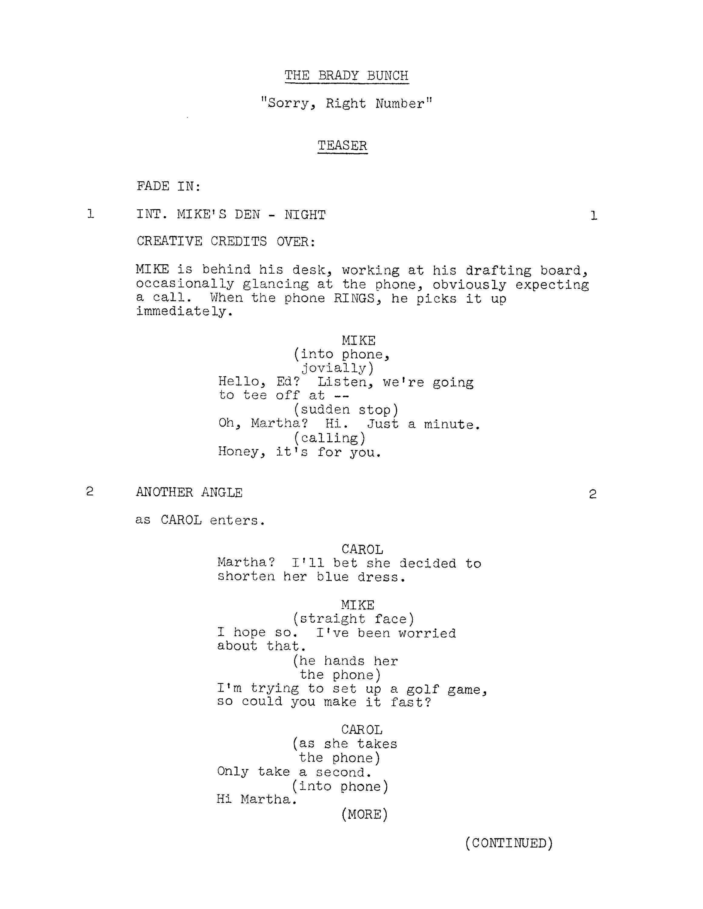 BRADY BUNCH TV Series Script, Famous Payphone at Home Epiosde, Allan ...