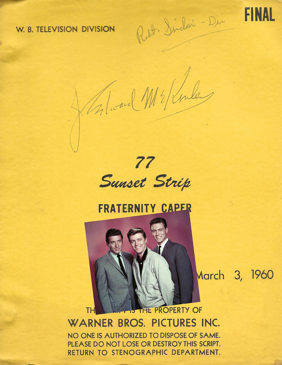 77 SUNSET STRIP TV Series Script, 1960 fraternity of Fear Episode ...