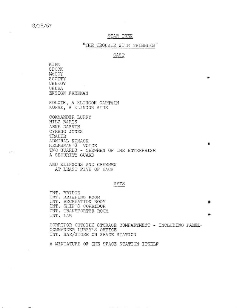 STAR TREK TV Series Script, Trouble With Tribbles Episode, Reprint of ...