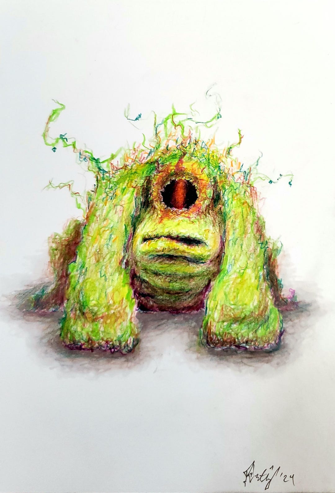 Green One Eye Monster Forest Creature Color Pencil Drawing - Etsy