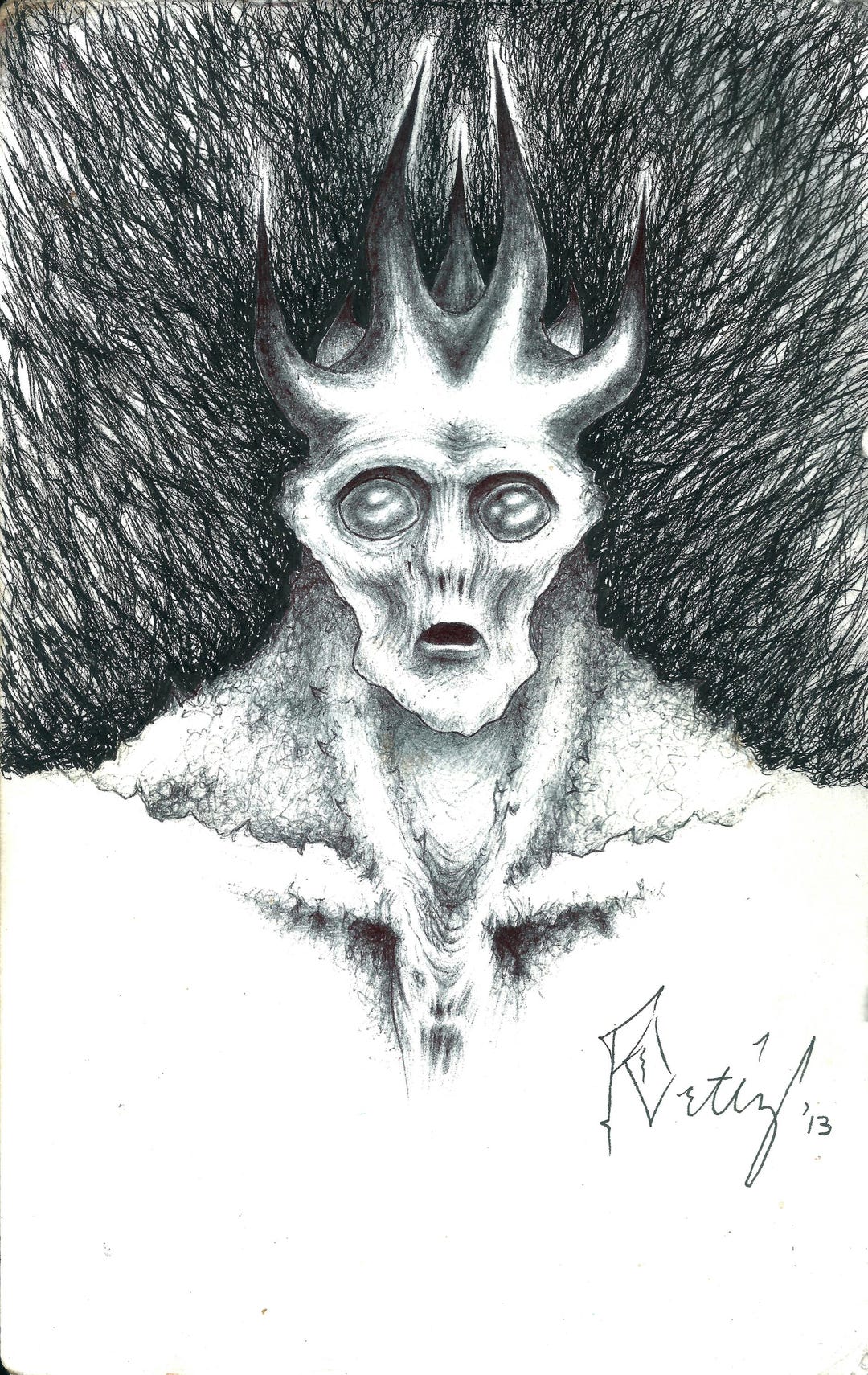 Demon Damon Monster Creature Dark Art Black and White Sketch Ballpoint ...