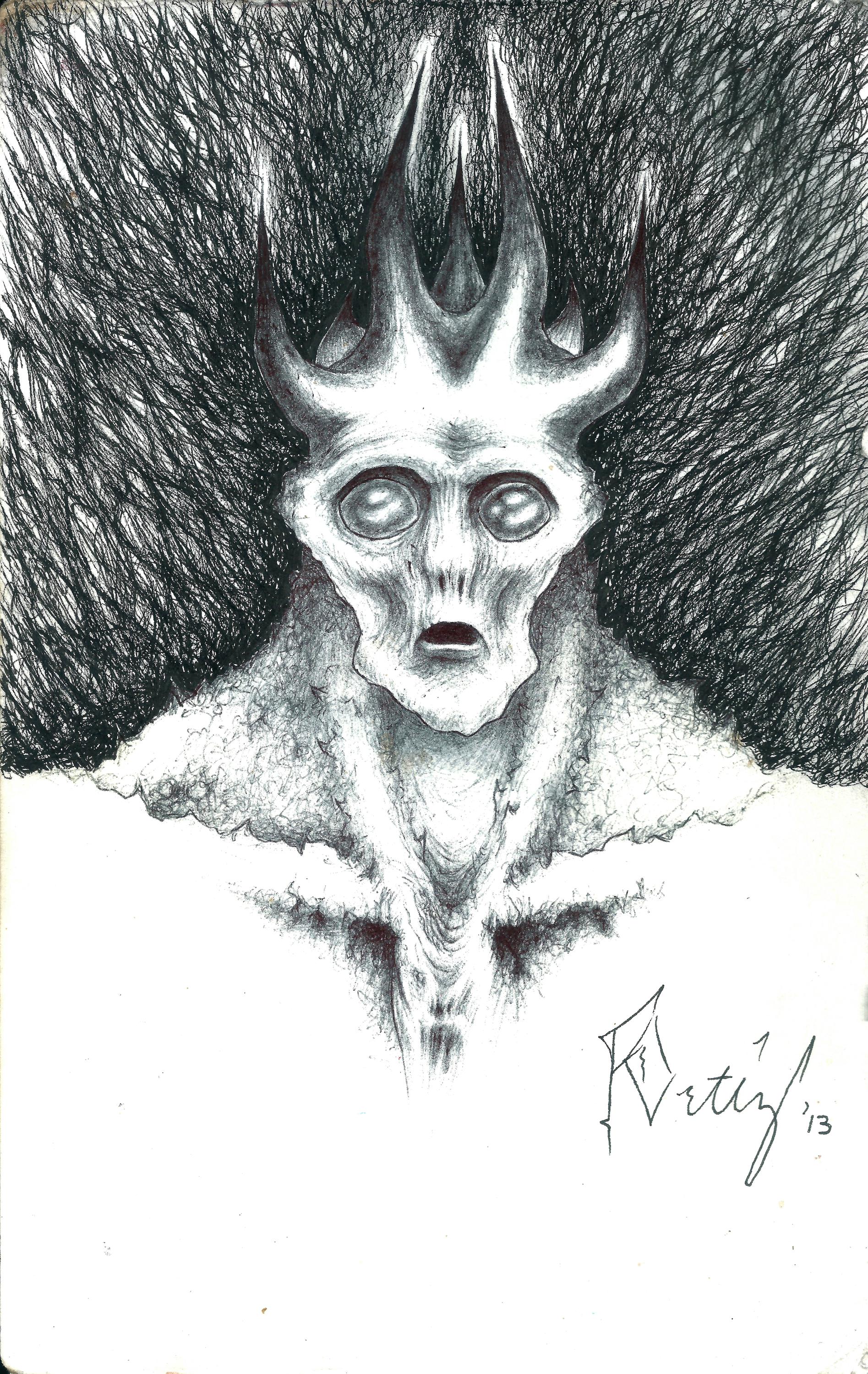 Demon Damon Monster Creature Dark Art Black and White Sketch Ballpoint ...