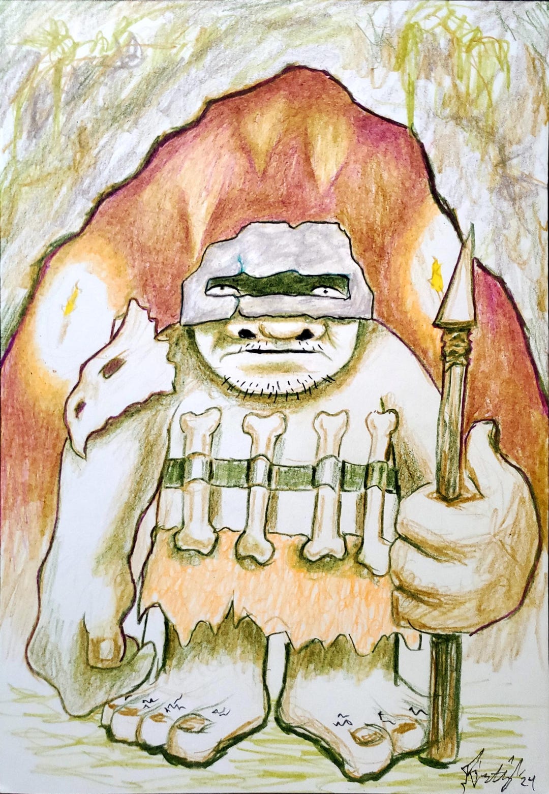 Cartoon Comic Style Cave Man Color Pencil Drawing - Etsy