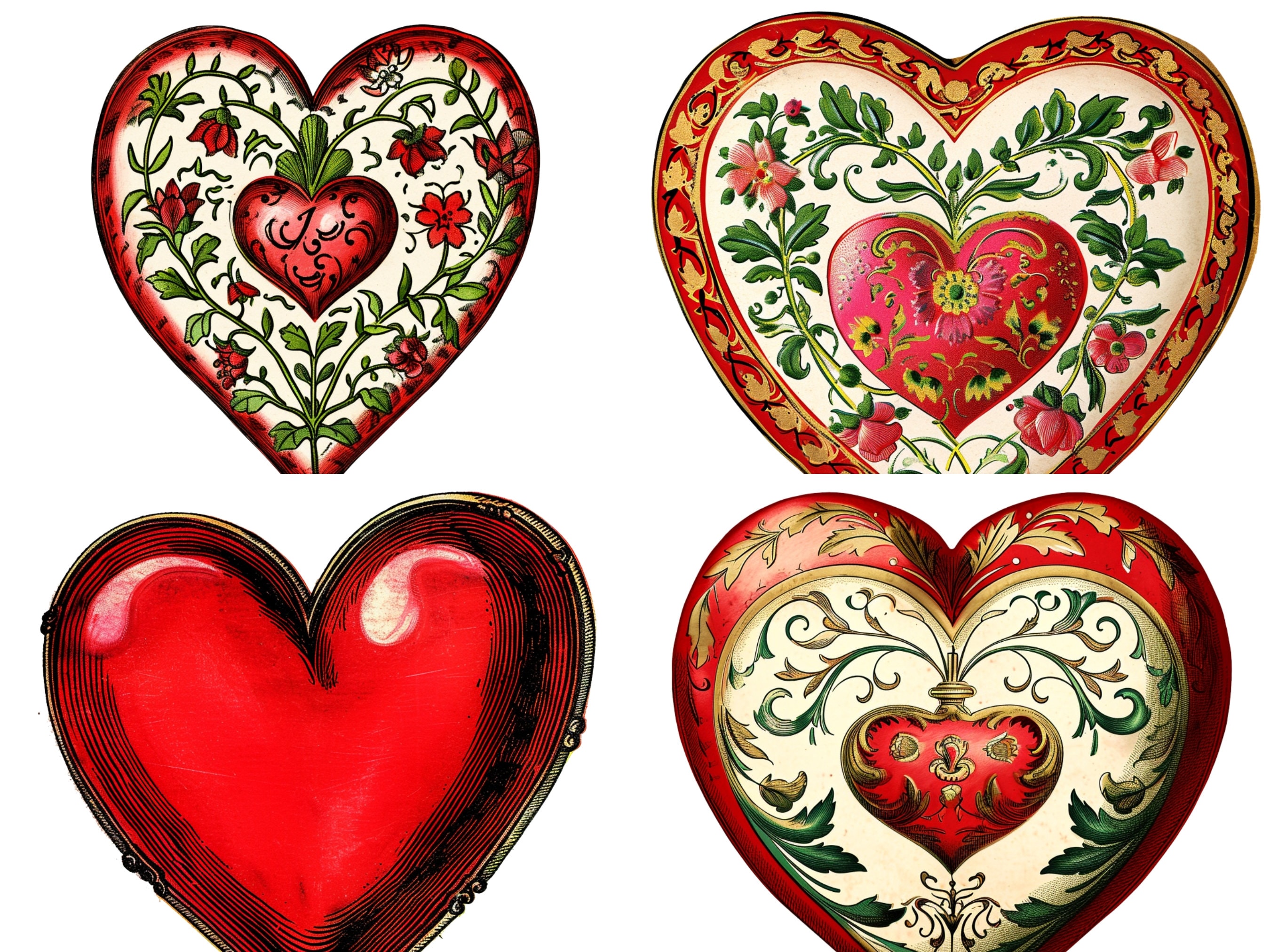 Vintage Retro Heart Clipart Pack 30 Unique Digital Hearts, Romantic ...