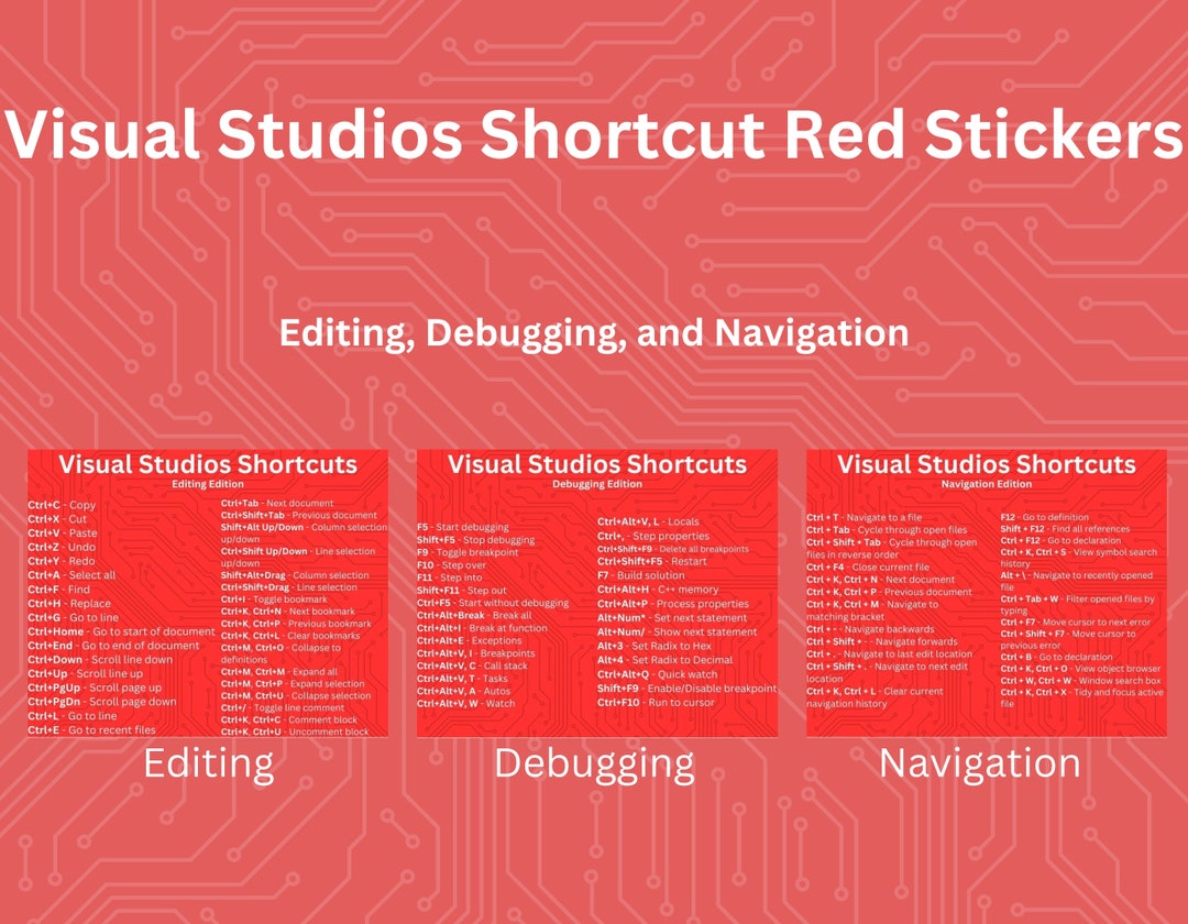 Red Visual Studios Shortcuts Cheat Sheet 3 White Cheat Sheets Editing, Debugging, and Navigation ...