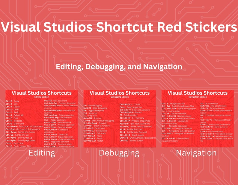 Red Visual Studios Shortcuts Cheat Sheet 3 White Cheat - Etsy