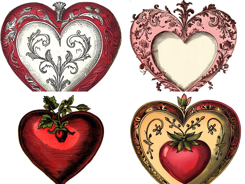 Vintage Retro Heart Clipart Pack 30 Unique Digital Hearts, Romantic ...