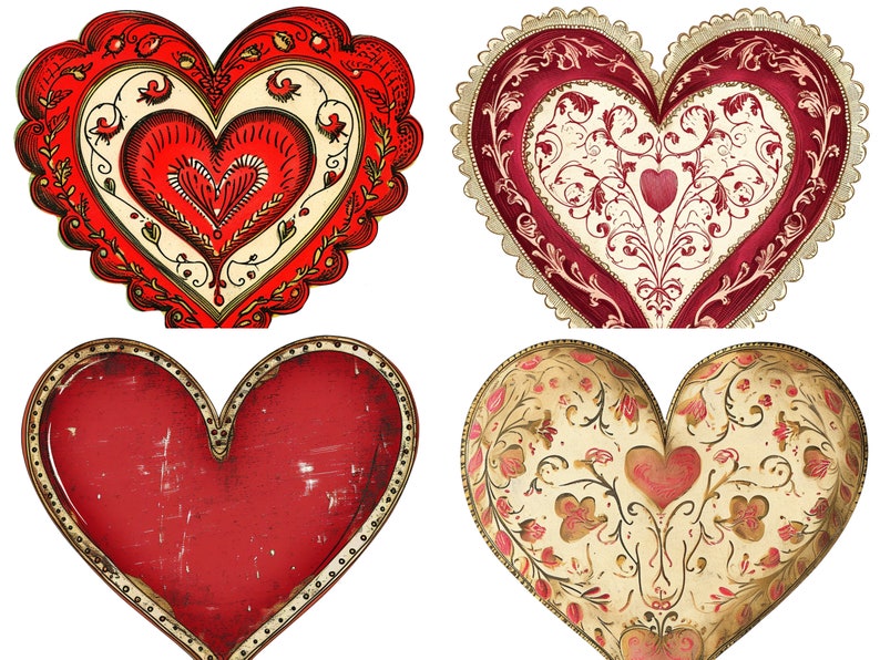 Vintage Retro Heart Clipart Pack 30 Unique Digital Hearts, Romantic ...