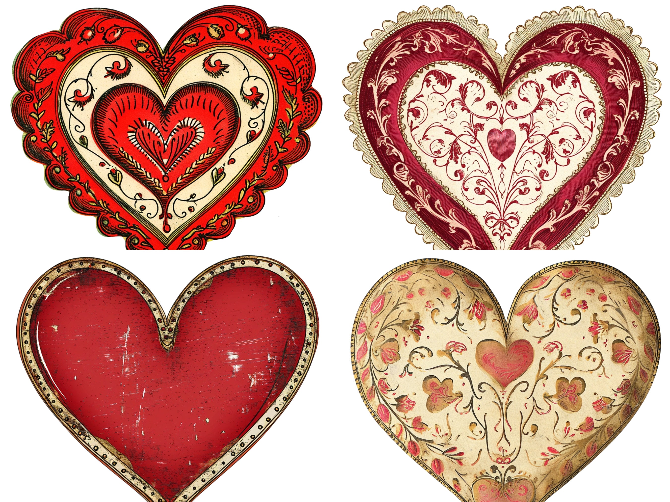 Vintage Retro Heart Clipart Pack 30 Unique Digital Hearts, Romantic ...