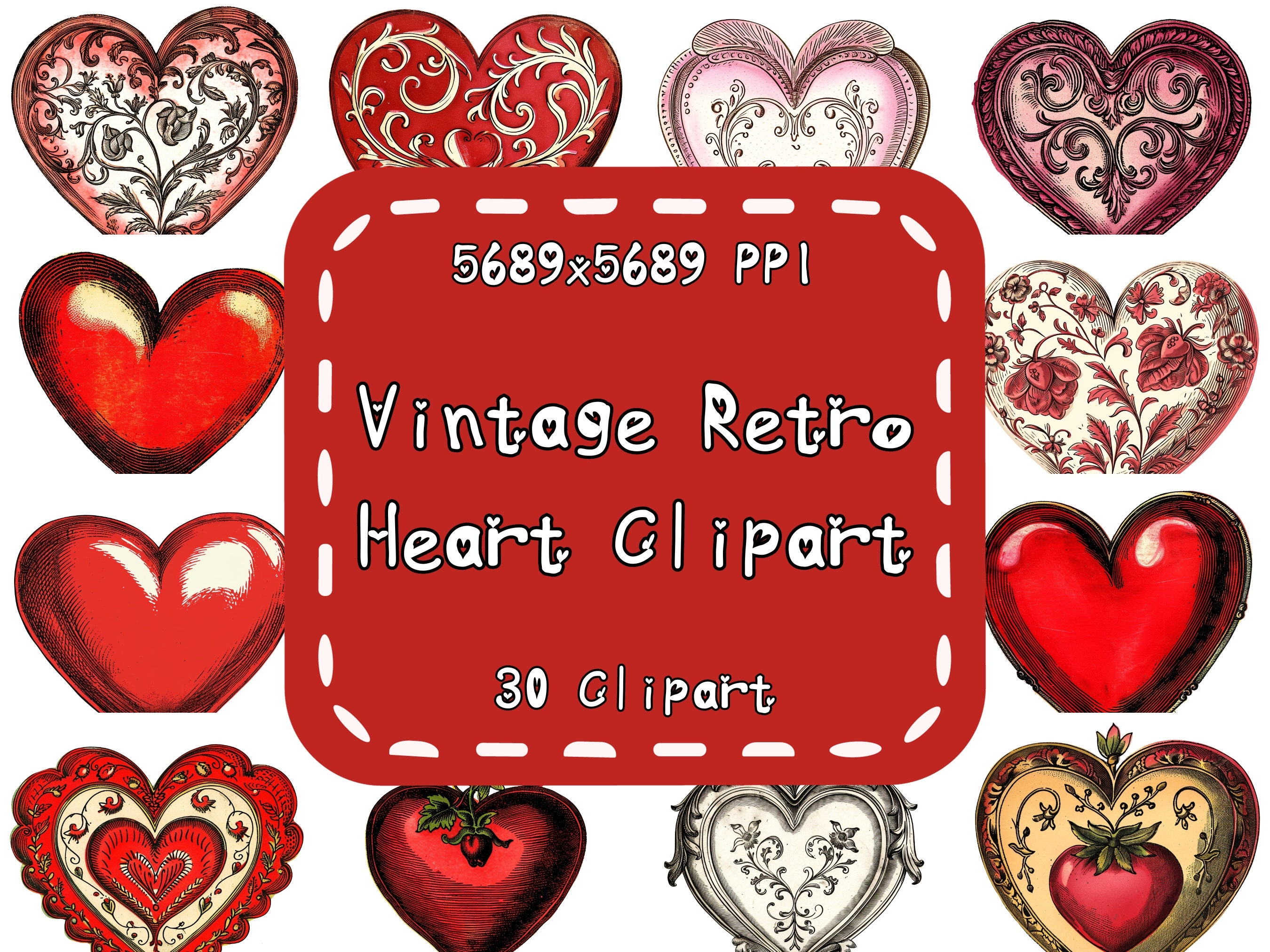 Vintage Retro Heart Clipart Pack - 30 Unique Digital Hearts, Romantic ...
