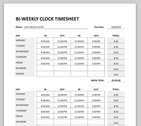 Employee Time Sheet Biweekly