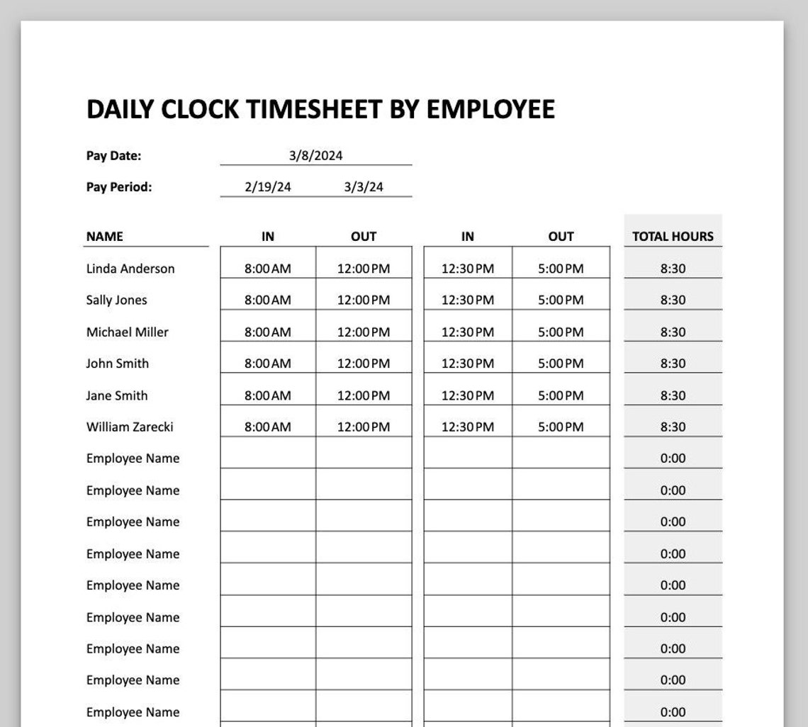 Employee Timesheet Bundle: Bi-weekly Clock, Billable Hours (excel & PDF ...