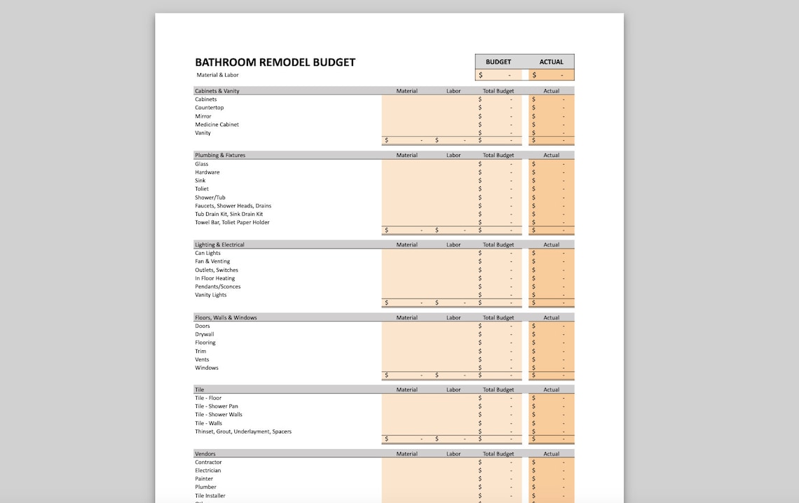 Bathroom Remodel Budget Spreadsheet Contractor Estimate Home Renovation ...