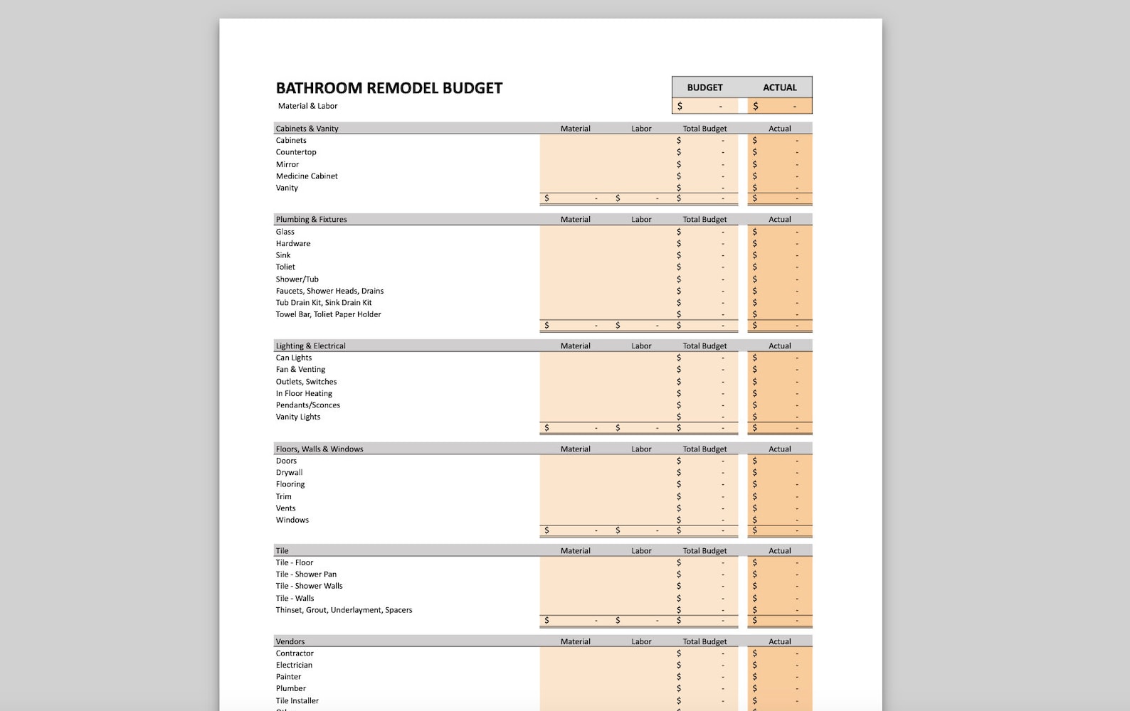 Bathroom Remodel Budget Spreadsheet Contractor Estimate Home Renovation ...