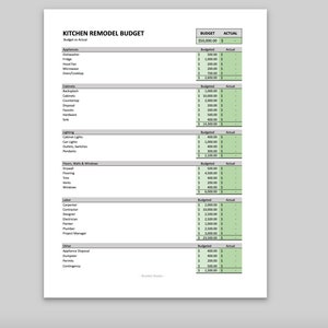 Kitchen Remodel Budget Spreadsheet Contractor Estimate Home Renovation ...