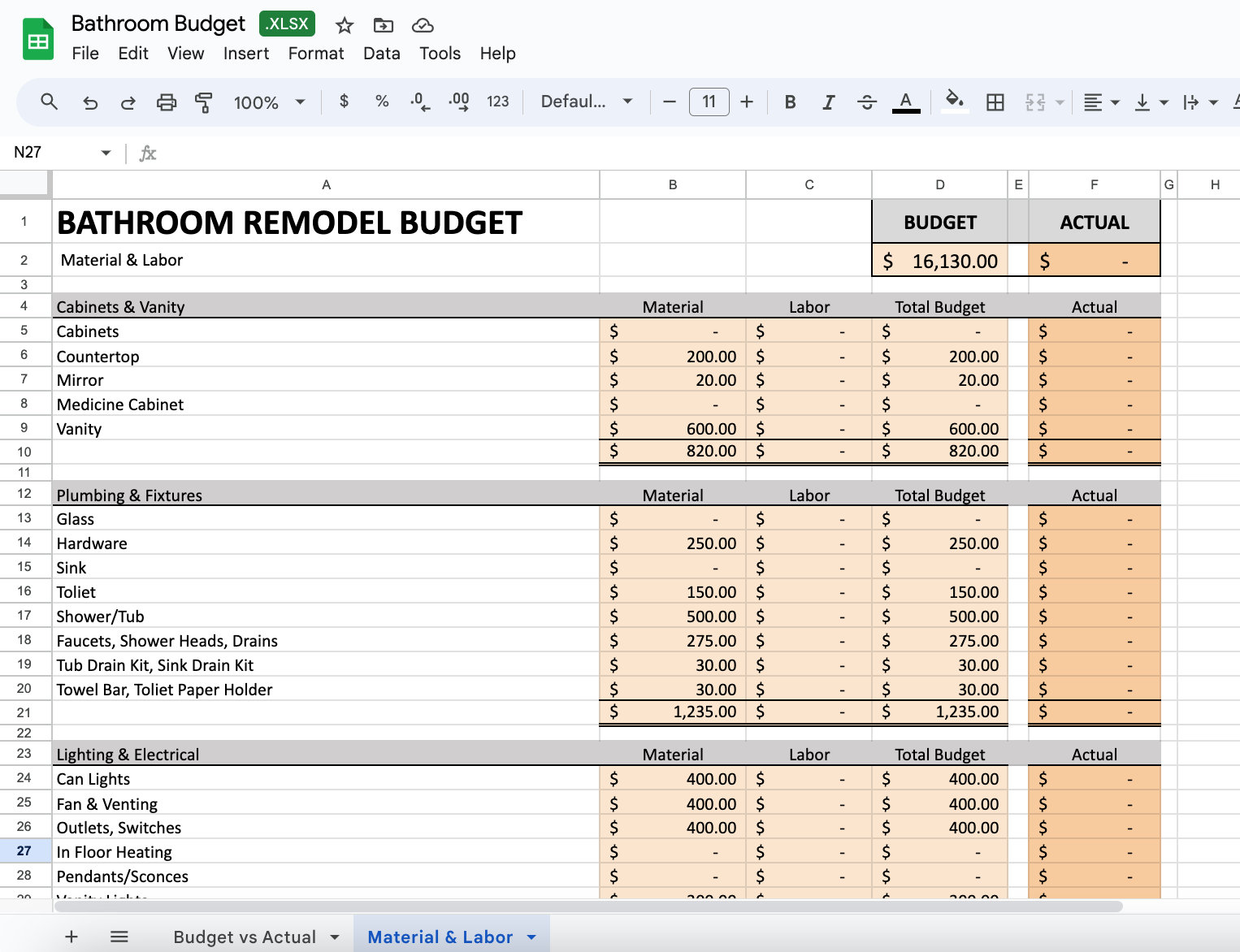 Bathroom Remodel Budget Spreadsheet Contractor Estimate Home Renovation ...