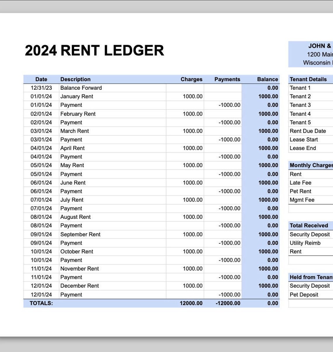 Rent Payment Ledger Template Landlord Rental Spreadsheet - Etsy