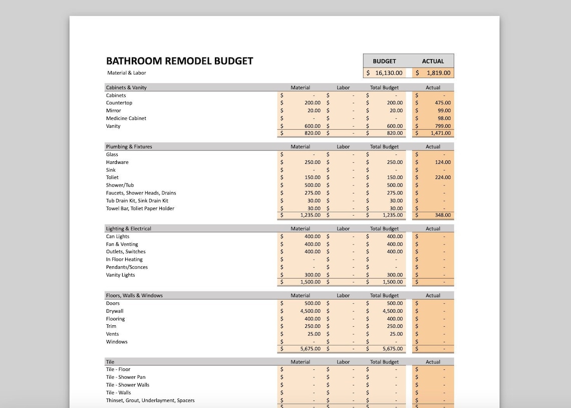 Bathroom Remodel Budget Spreadsheet Contractor Estimate Home Renovation ...