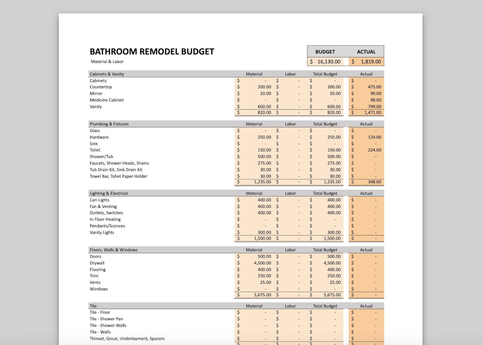 Bathroom Remodel Budget Spreadsheet Contractor Estimate Home Renovation ...