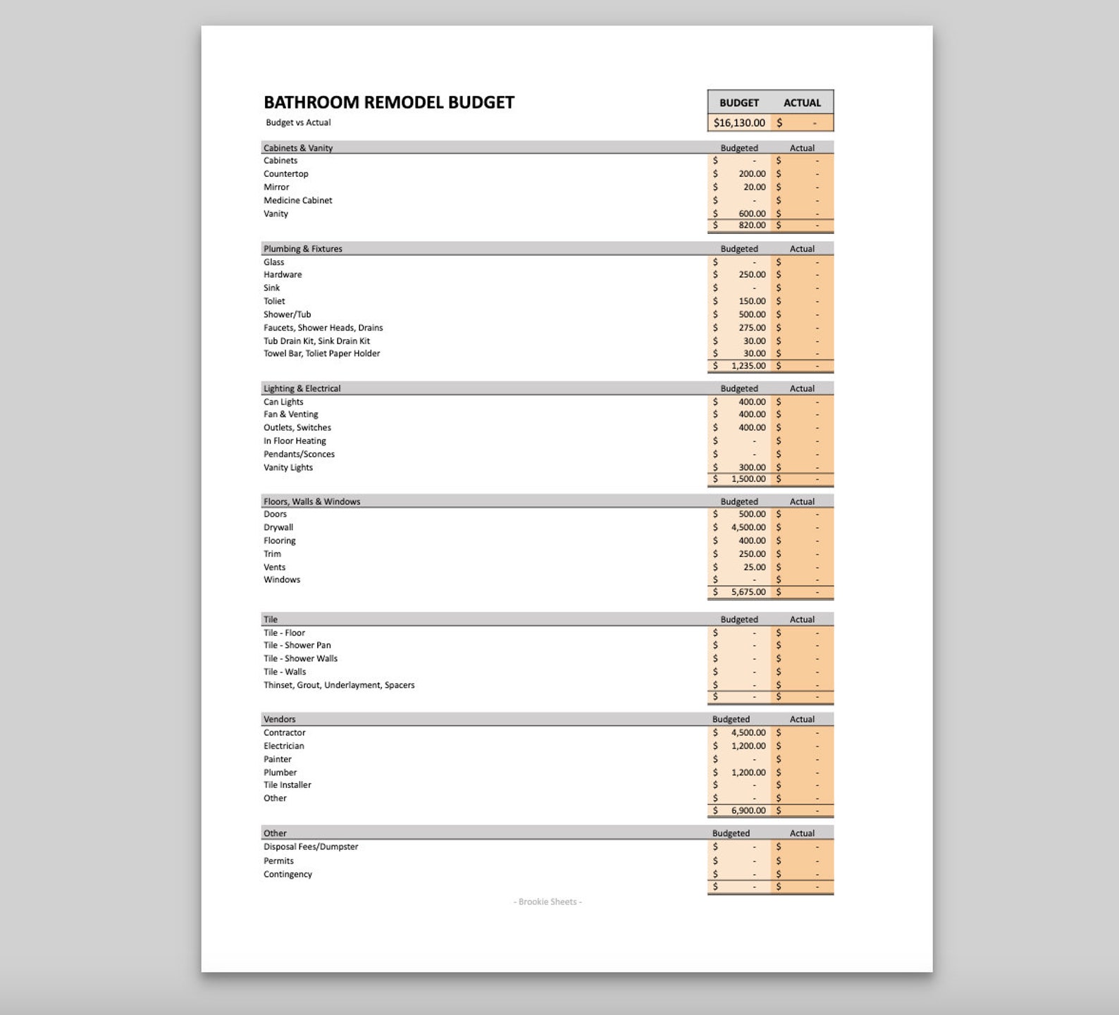 Bathroom Remodel Budget Spreadsheet Contractor Estimate Home Renovation ...