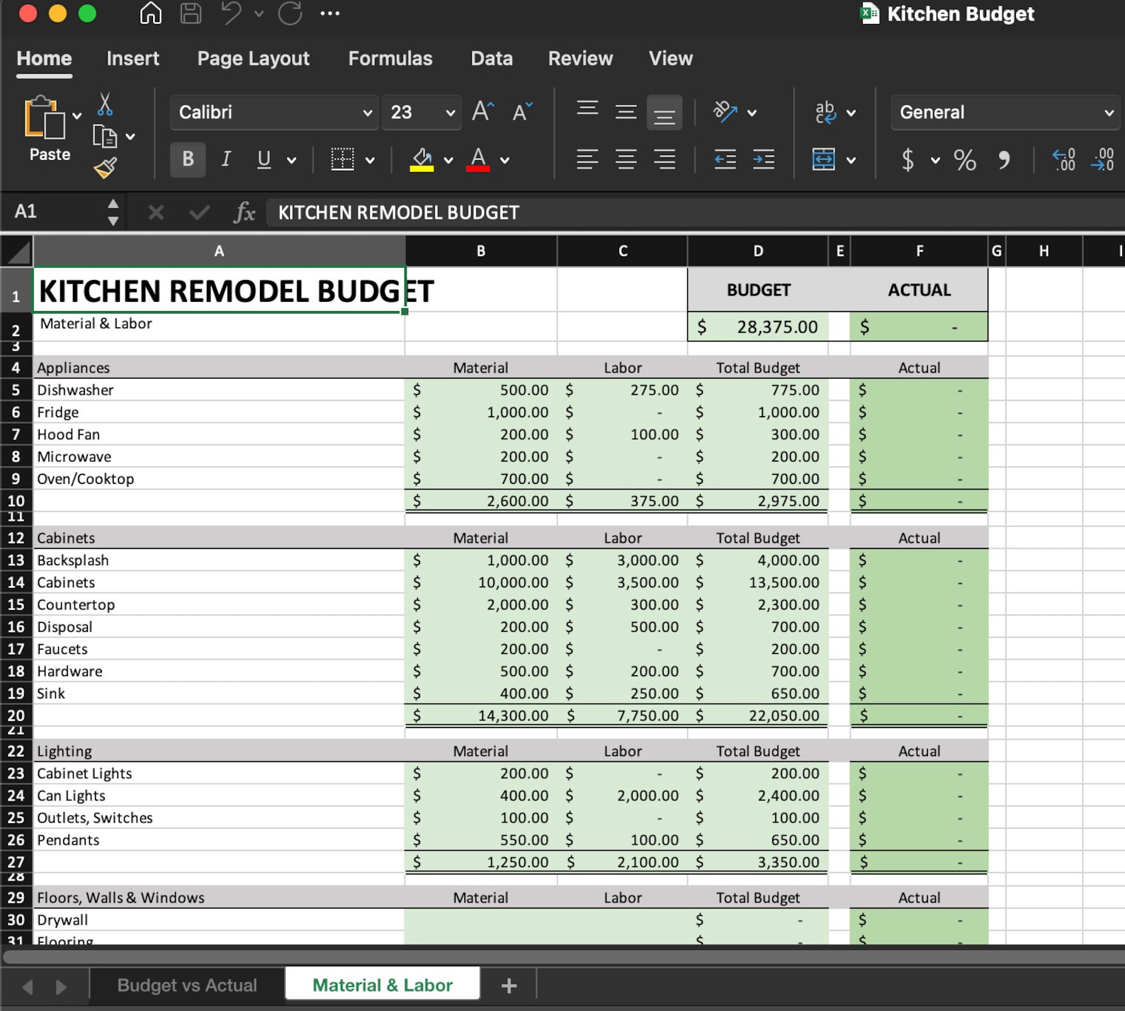 Kitchen Remodel Budget Spreadsheet Contractor Estimate Home Renovation ...