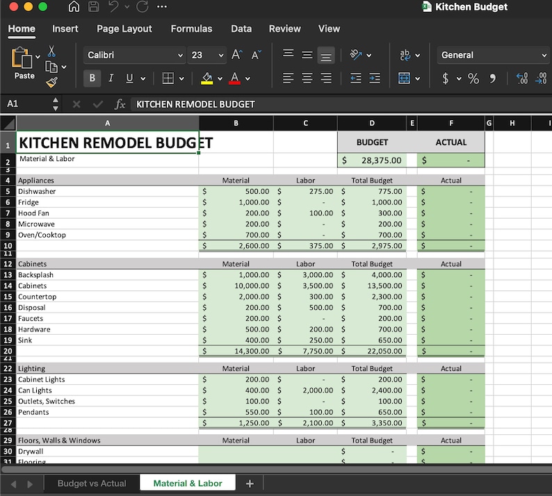 Kitchen Remodel Budget Spreadsheet Contractor Estimate Home Renovation ...
