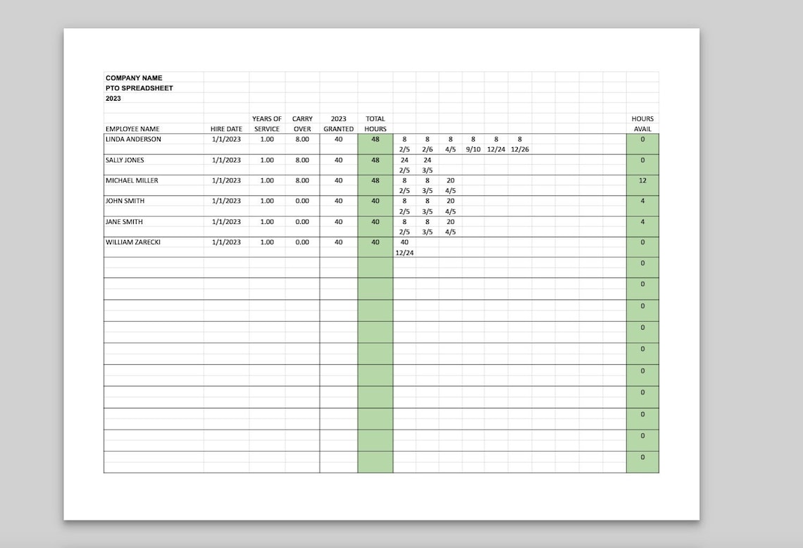 PTO Tracker by Employee for Payroll Hours, Multiple Template ...