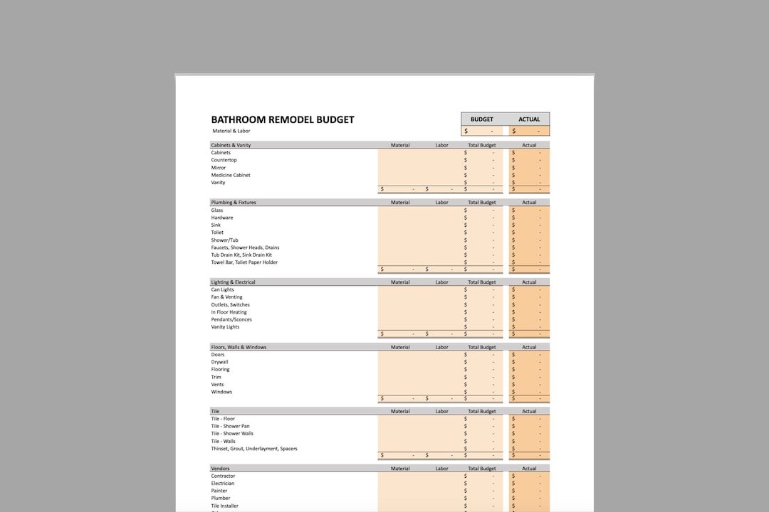 Bathroom Remodel Budget Spreadsheet Contractor Estimate Home Renovation ...