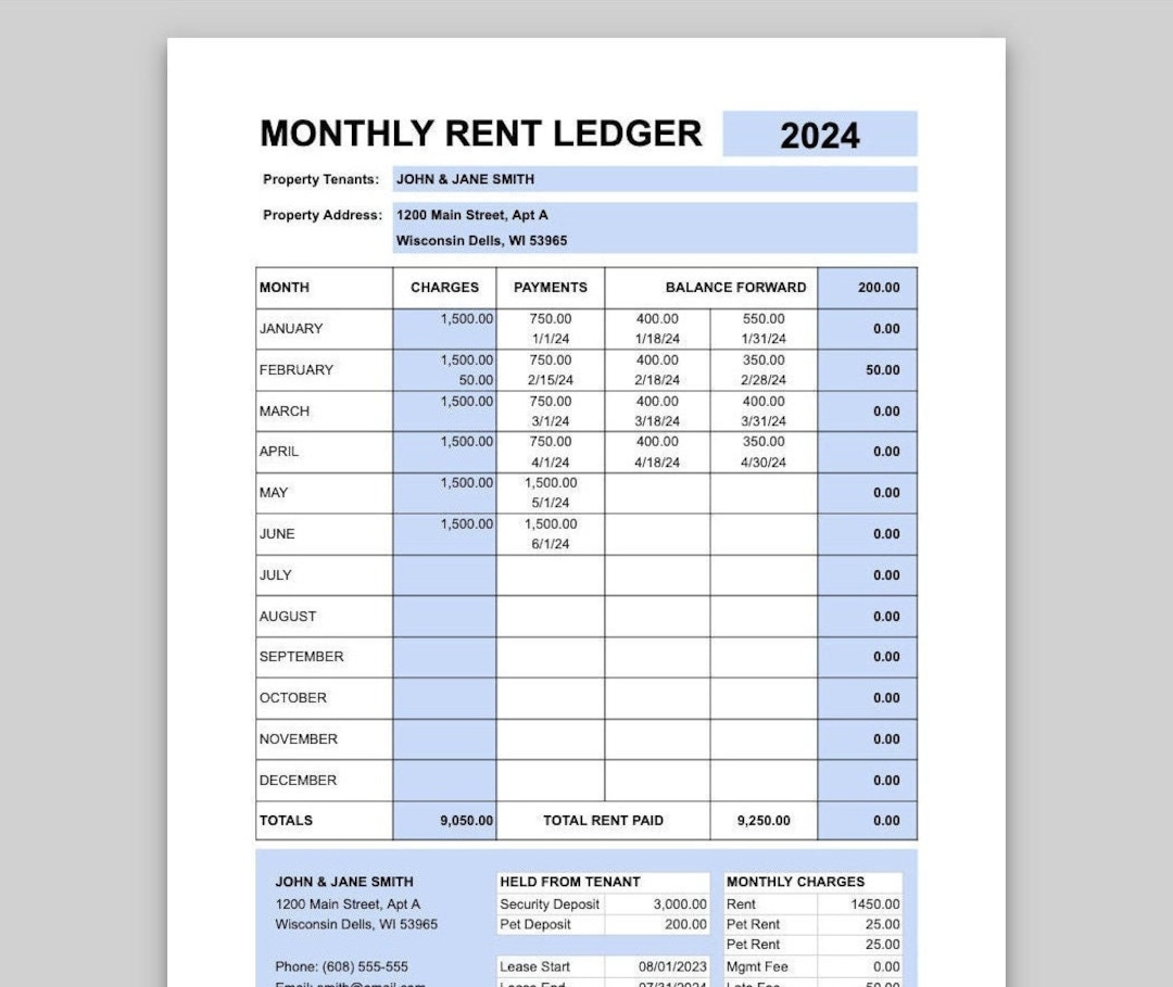 Monthly Rent Payment Ledger Template Landlord Rental Spreadsheet by Month - Etsy