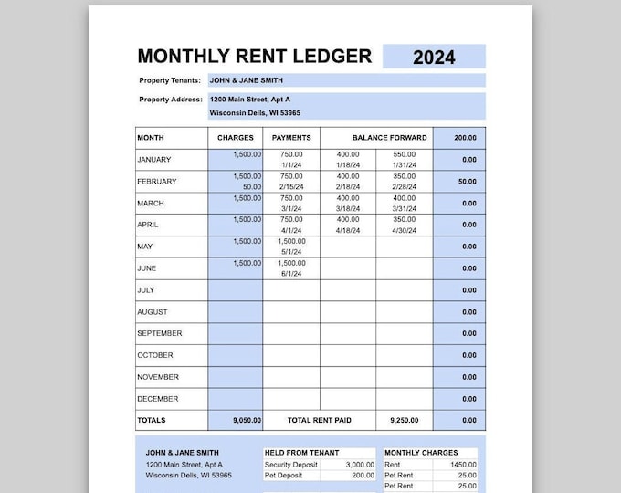 Monthly Rent Payment Ledger Template Landlord Rental Spreadsheet by ...