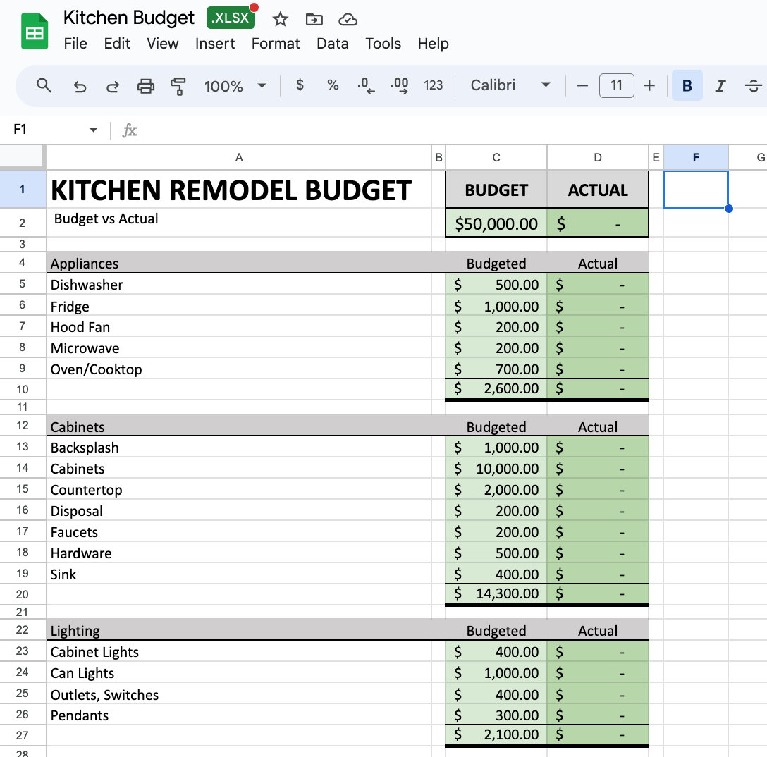 Kitchen Remodel Budget Spreadsheet Contractor Estimate Home Renovation ...