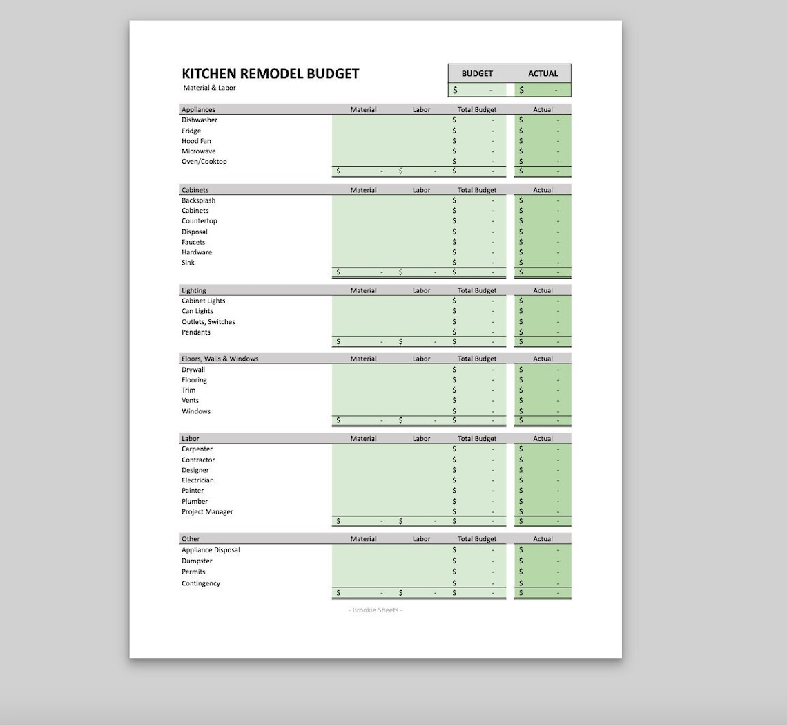 Kitchen Remodel Budget Spreadsheet Contractor Estimate Home Renovation ...