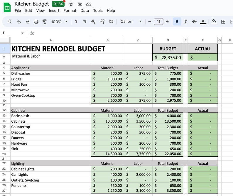Kitchen Remodel Budget Spreadsheet Contractor Estimate Home Renovation ...