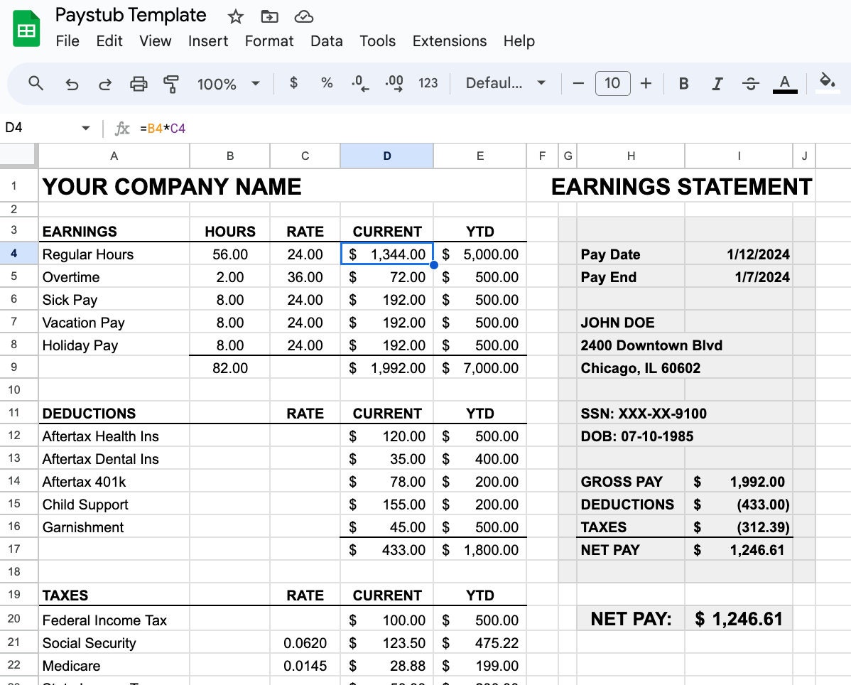 Pay Stub Template (aftertax), Earnings Statement - Excel & Numbers - Etsy