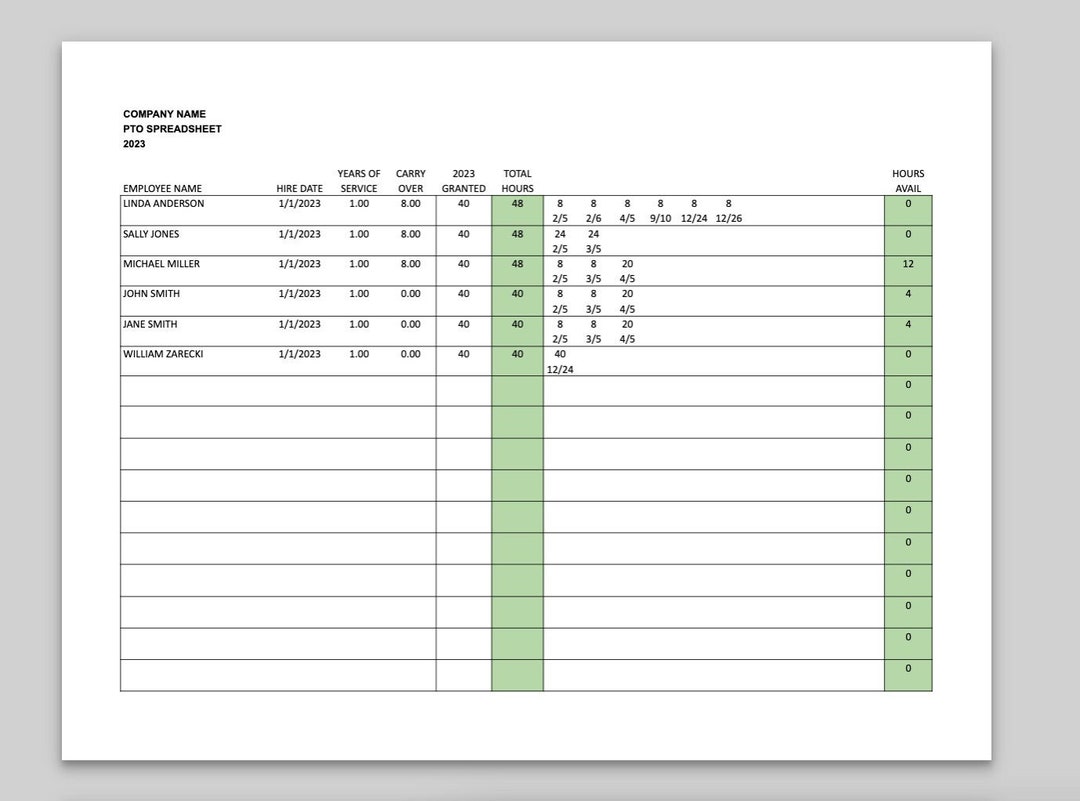 PTO Tracker by Employee for Payroll Hours, Multiple Template ...