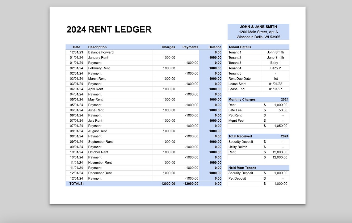 Rent Payment Ledger Template Landlord Rental Spreadsheet - Etsy