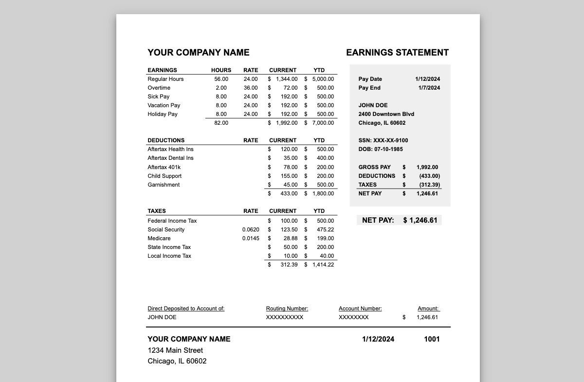 Pay Stub Template (aftertax), Earnings Statement - Excel & Numbers - Etsy