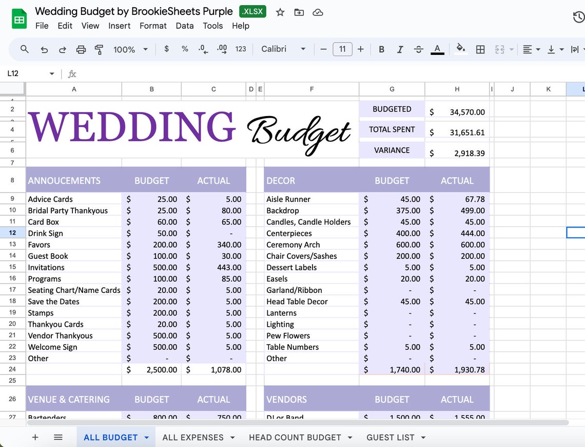 Wedding Budget Spreadsheet Wedding Planner Template Wedding Expenses ...