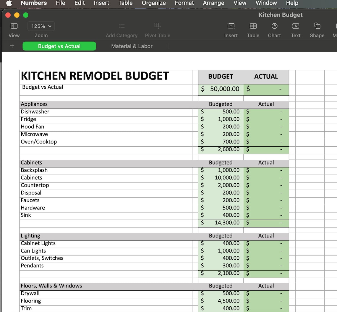 Kitchen Remodel Budget Spreadsheet Contractor Estimate Home Renovation ...