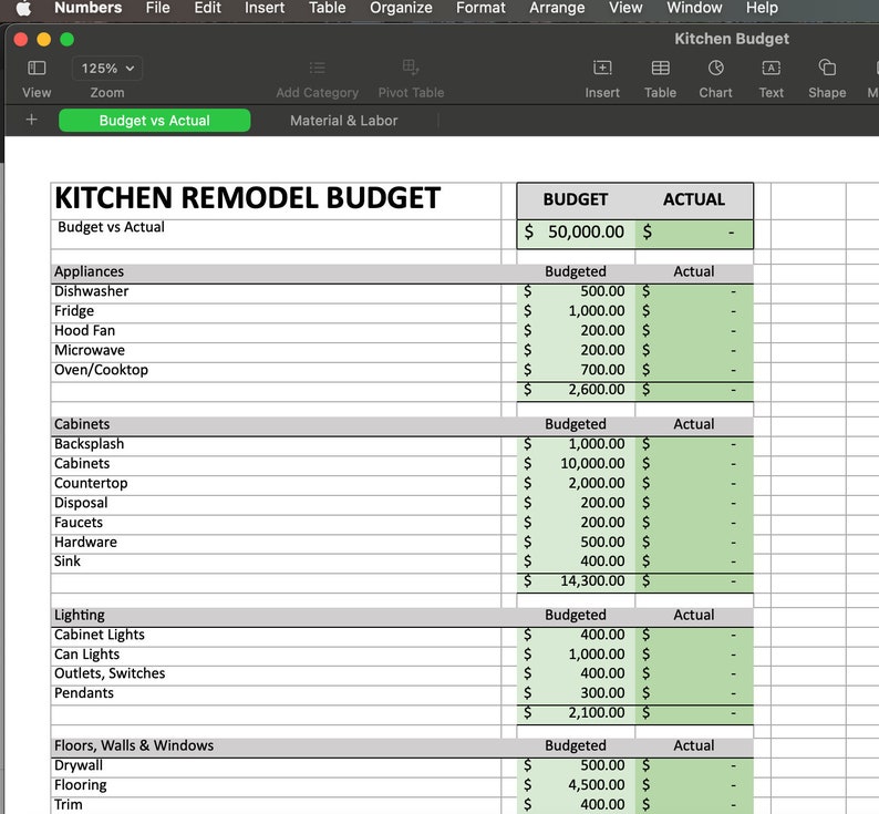 Kitchen Remodel Budget Spreadsheet Contractor Estimate Home Renovation ...